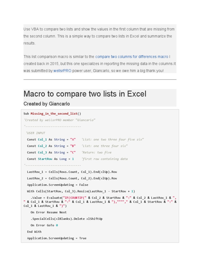 Use Vba To Compare Two Lists And Show The Values In The First Column That Are Missing From The