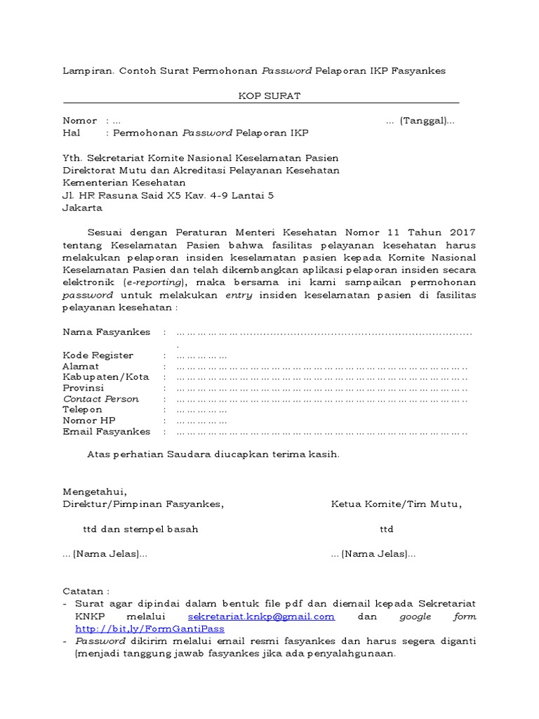 Contoh Surat Permintaan Password Pelaporan IKP | PDF