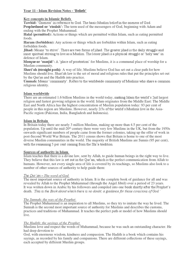 Islam Beliefs Revision Notes | PDF | Prophets And Messengers In Islam ...