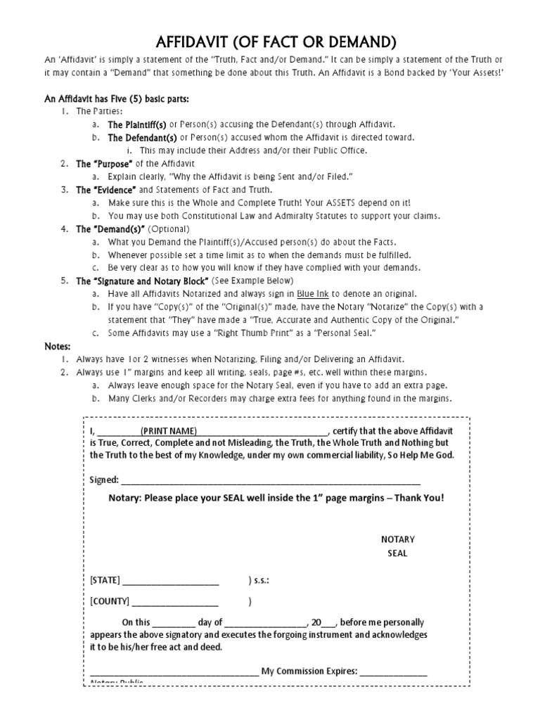 Affidavit (Of Fact or Demand) : Notary: Please Place Your SEAL Well ...