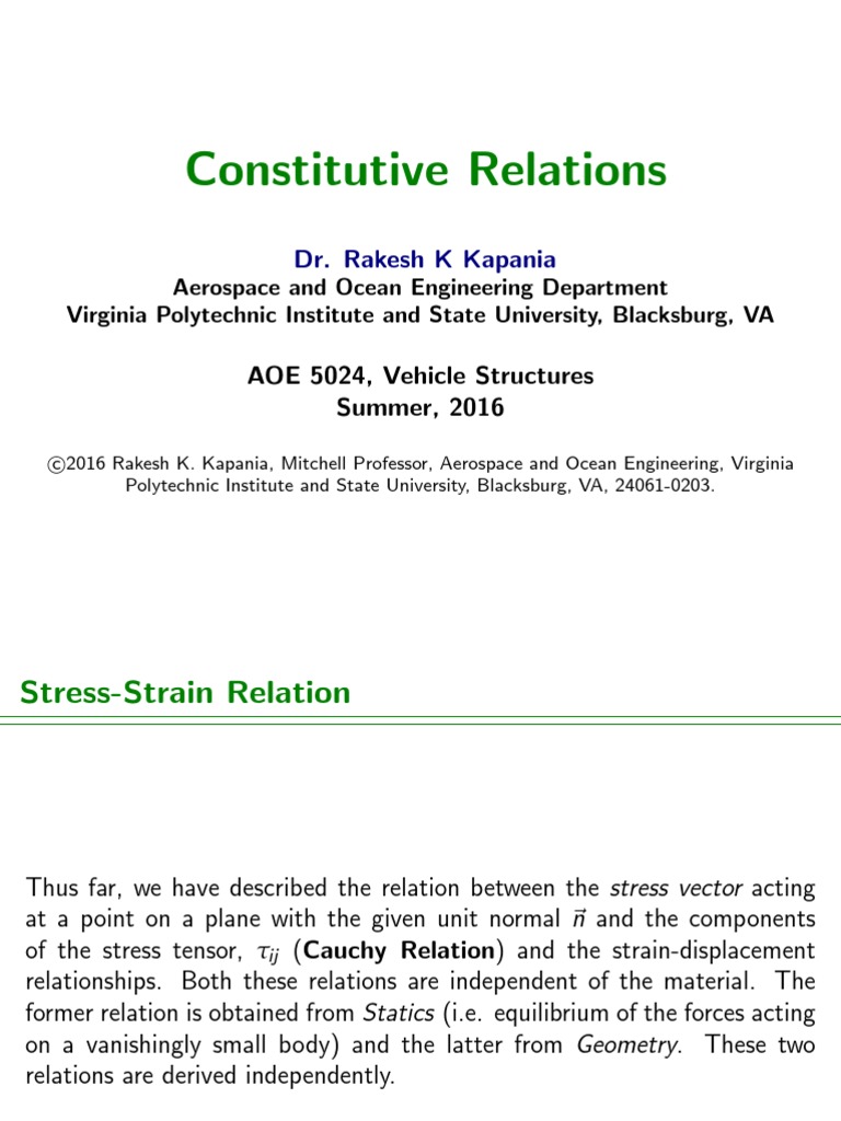 Constitutive Relations: Dr. Rakesh K Kapania | PDF | Elasticity ...