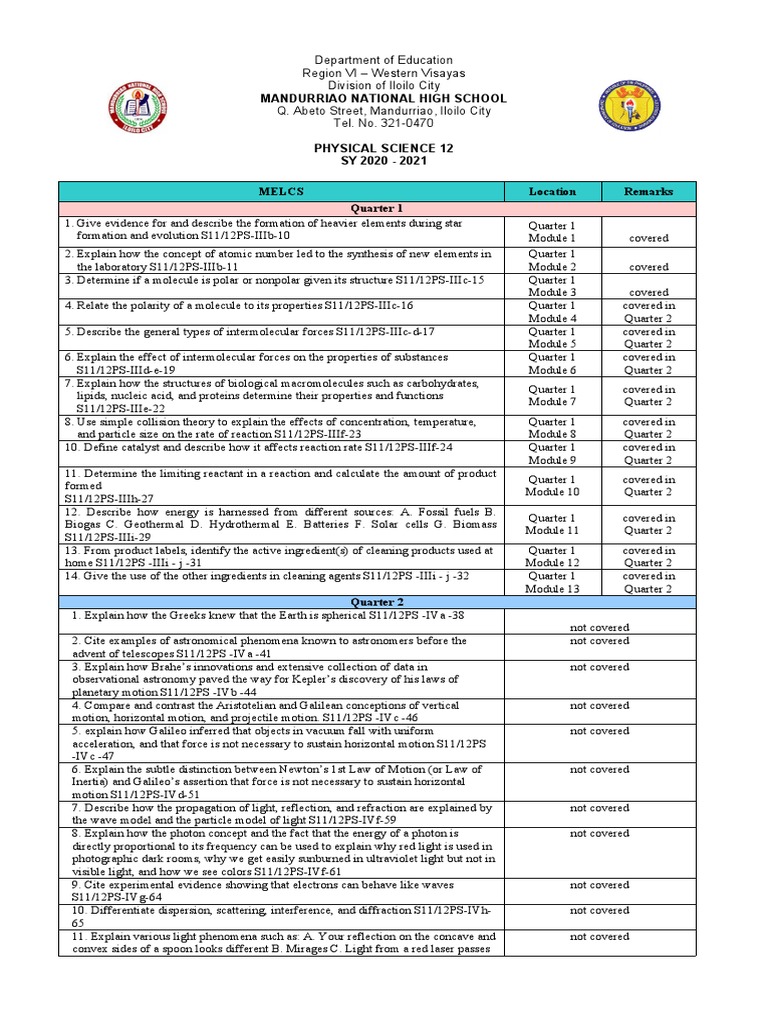 Grade 12 Physical Science MELCS Overview | PDF | Light | General Relativity
