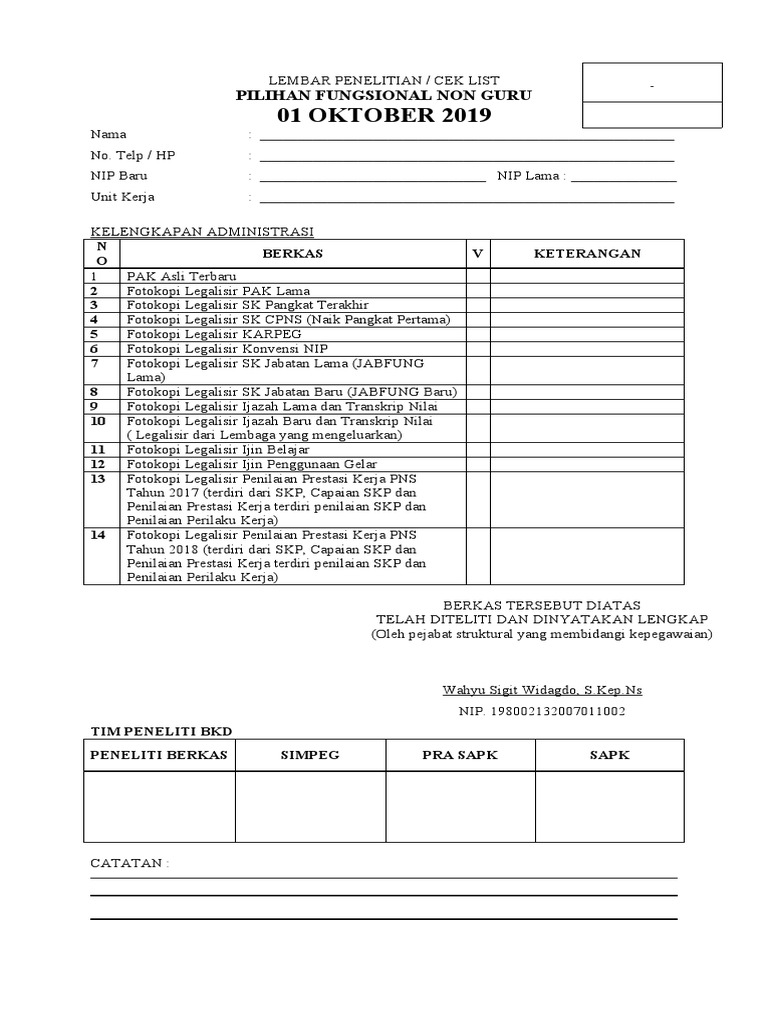 Cek List Dokumen PAK PNS 2019 | PDF