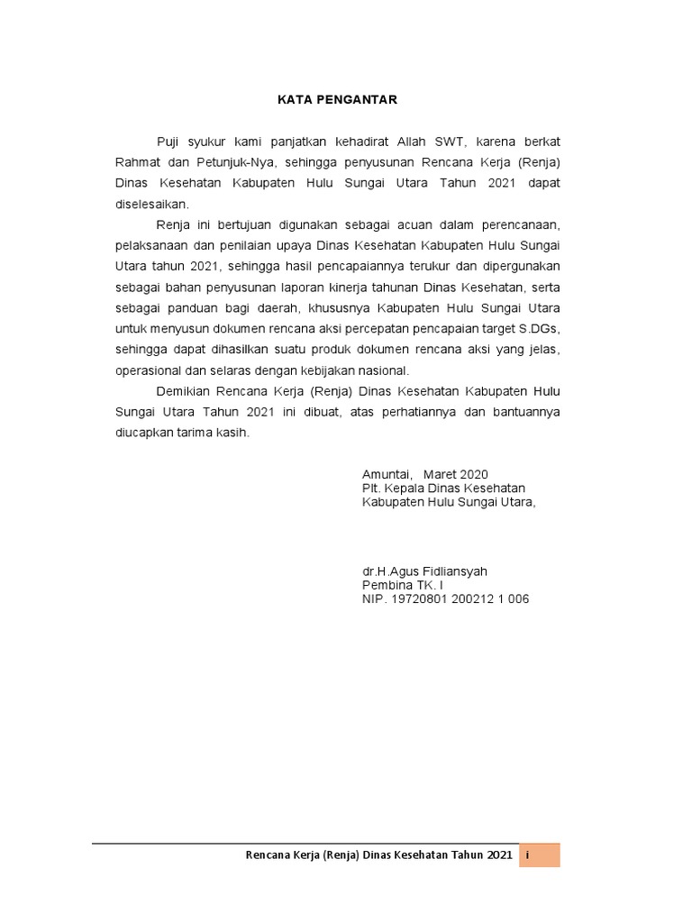 Kata Pengantar Renja 2021 Oke REVISI | PDF
