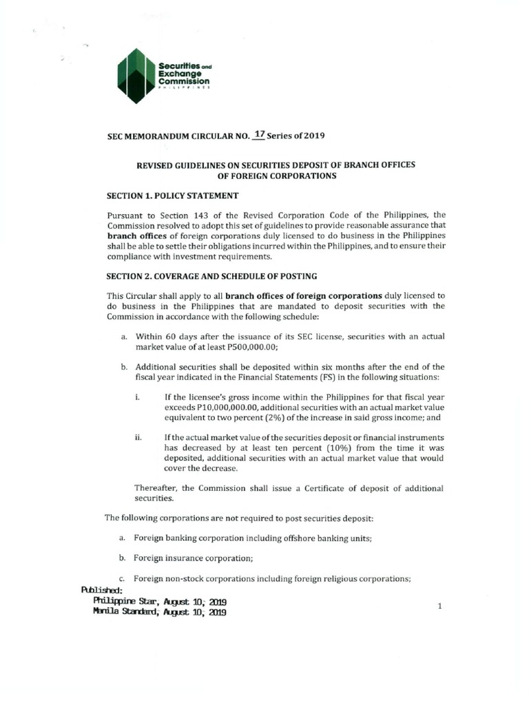 SEC MC 17-2019 (Securities Deposit) | PDF