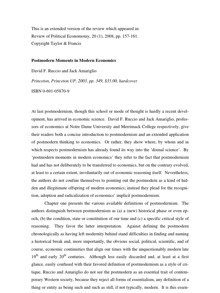 Postmodern Moments in Modern Economics: Princeton, Princeton UP, 2003 ...