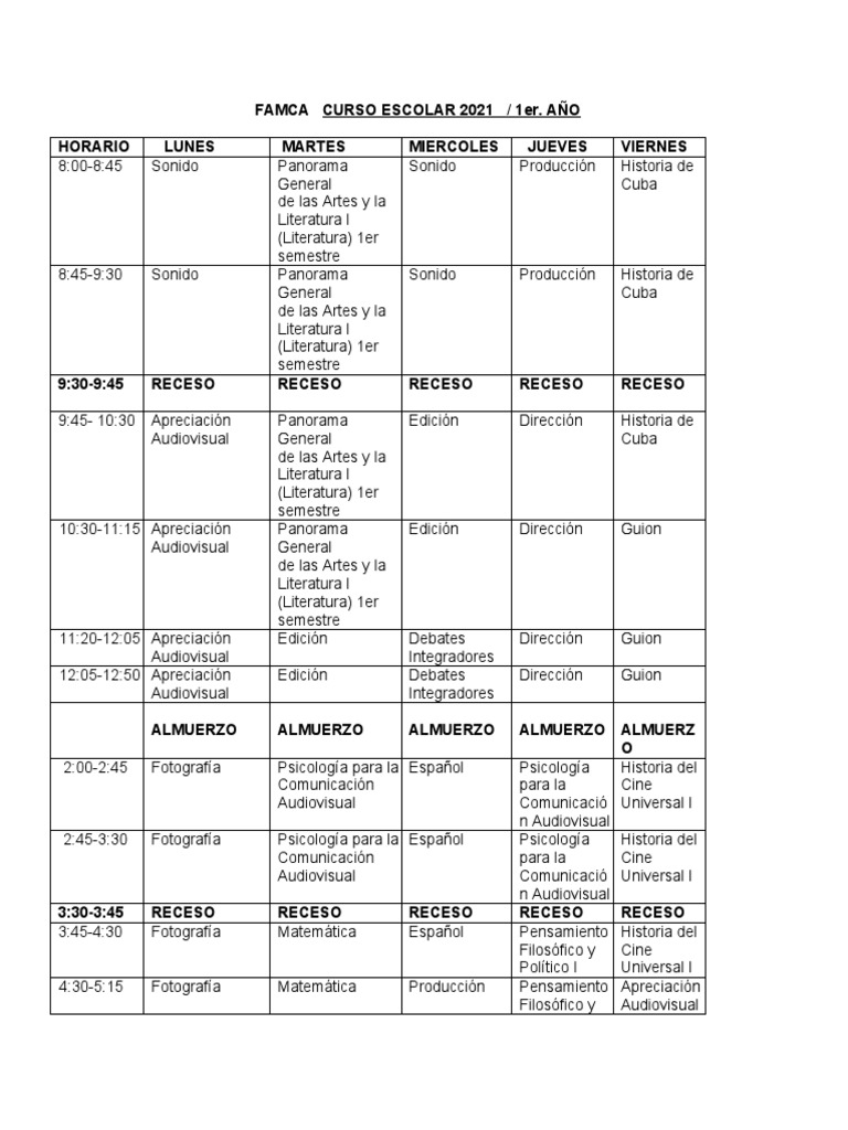 FAMCA Horario 1er Año | PDF