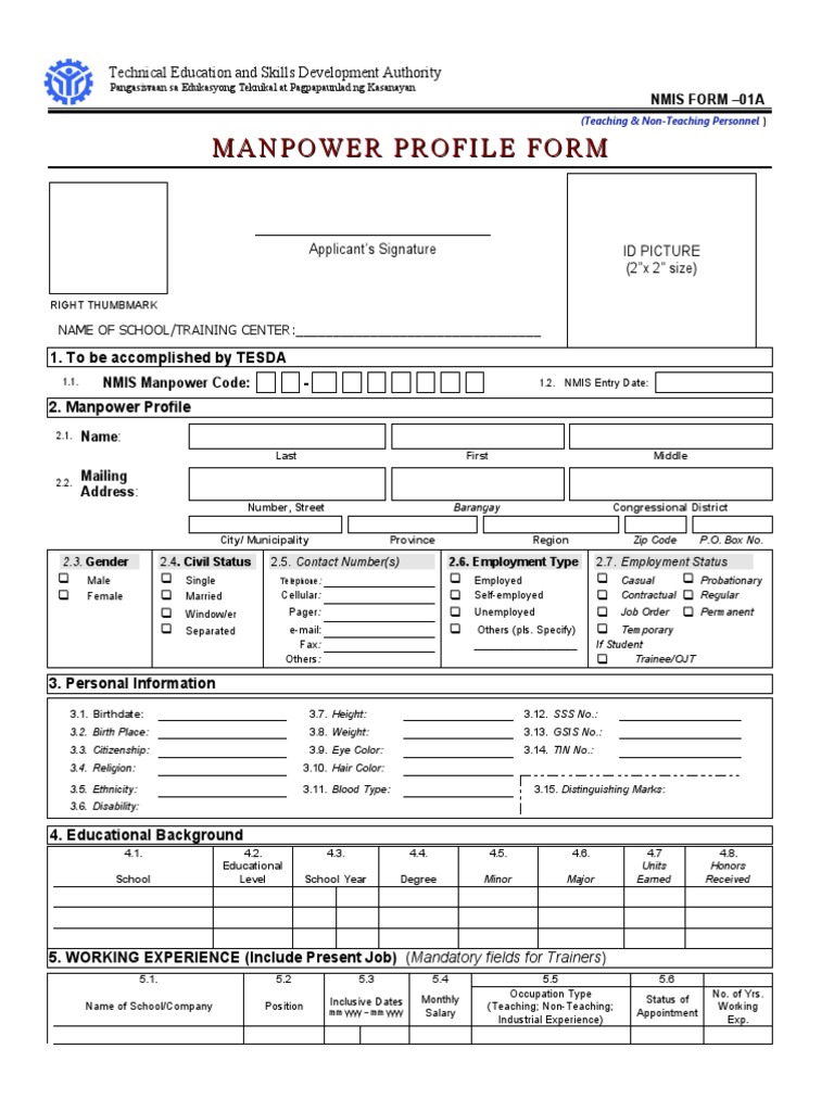 TESDA Manpower Profile Form | PDF