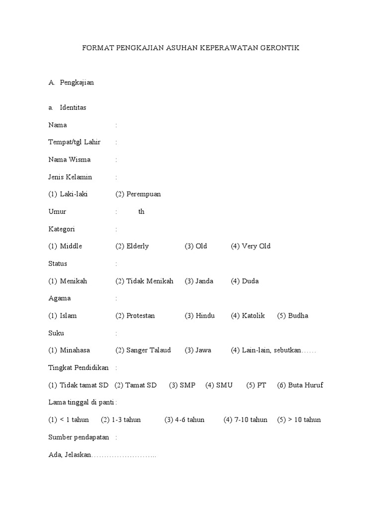 Format Pengkajian Asuhan Keperawatan Gerontik | PDF | Pengembangan Diri | Kesehatan Holistik