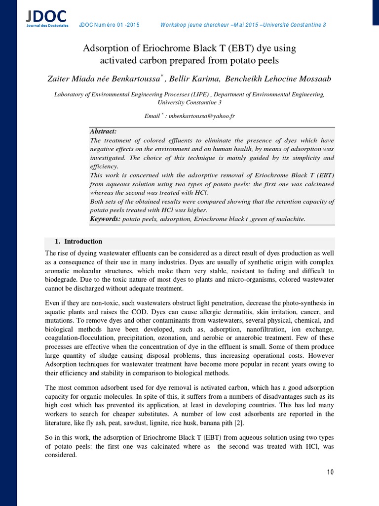 Adsorption of Eriochrome Black T (EBT) Dye Using Activated Carbon ...