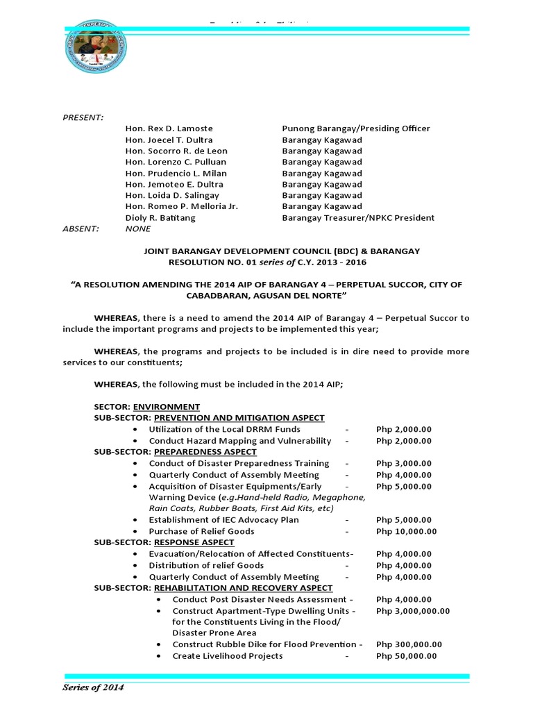 JOINT BDC & BARANGAY RESOLUTION NO. 01 Series of C.Y. 2013-2016 | PDF ...