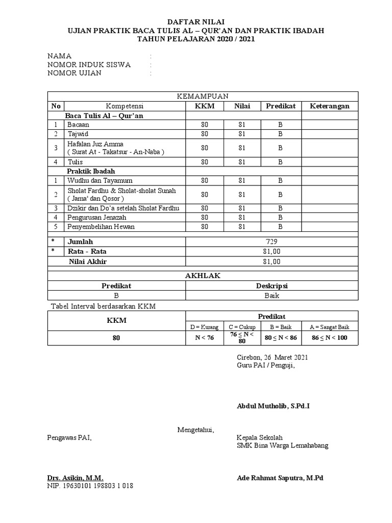 Daftar Nilai Pai Praktek | PDF