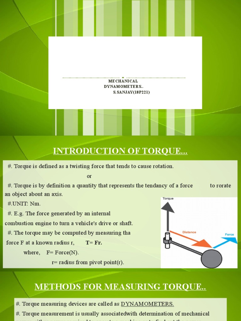 Torque Measurement... : Mechanical Dynamometers.. S.SANJAY (18P221) | PDF | Torque | Power (Physics)