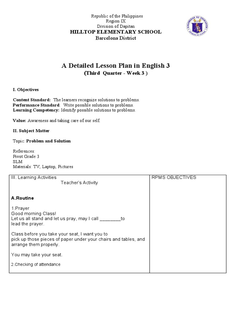 A Detailed Lesson Plan in English 3: Hilltop Elementary School | PDF ...