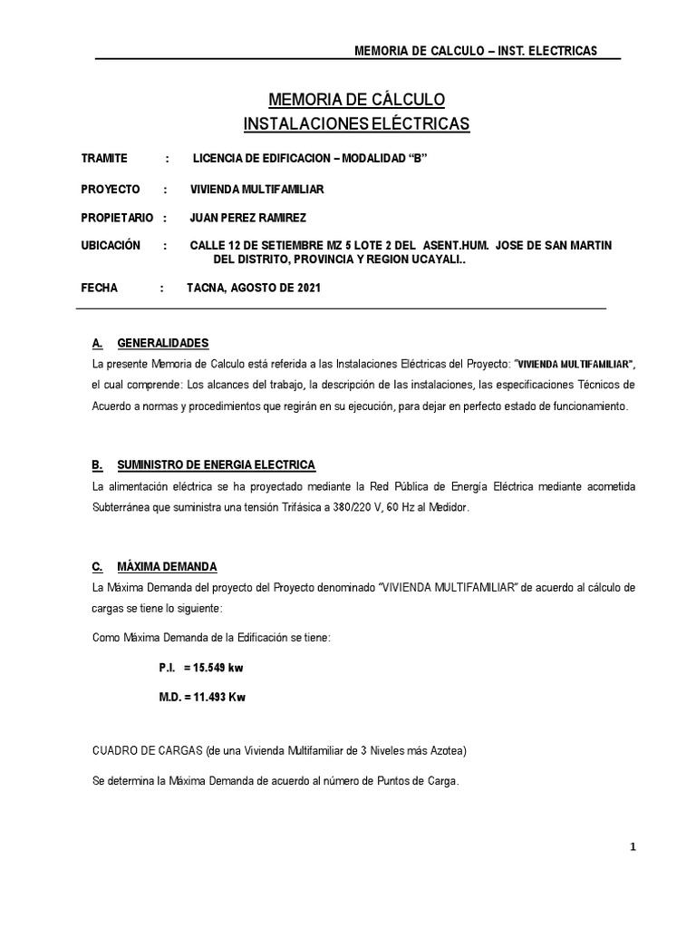 Memoria Descriptiva de Calculo Instalaciones Electricas | PDF | Aislador (Electricidad) | Cobre