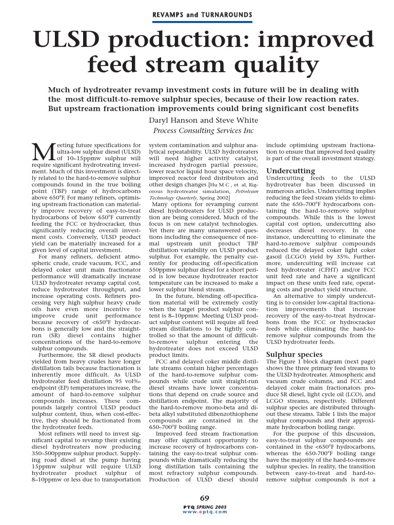 ULSD Production - Improved Feed Stream Quality | PDF | Diesel Fuel ...