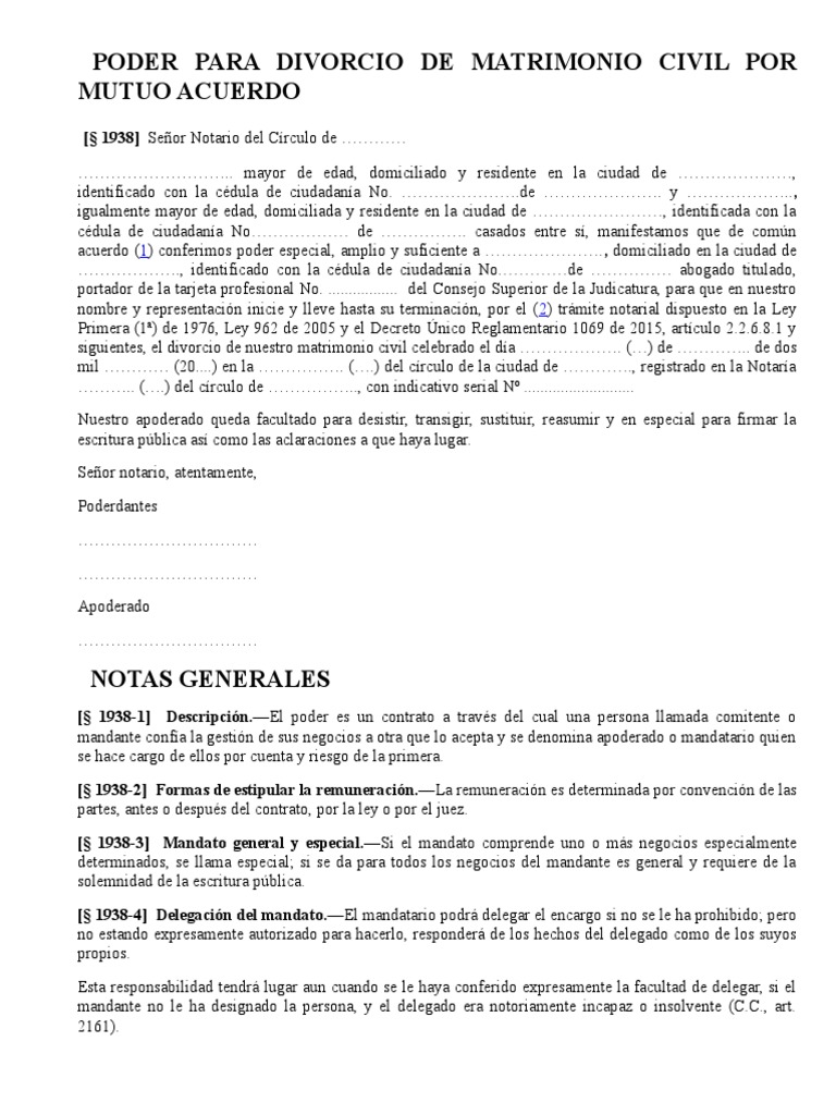 Poder para tramitar divorcio civil por mutuo acuerdo ante notario | PDF | Divorcio | Gobierno