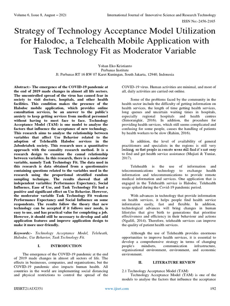 Strategy of Technology Acceptance Model Utilization For Halodoc, A Telehealth Mobile Application ...