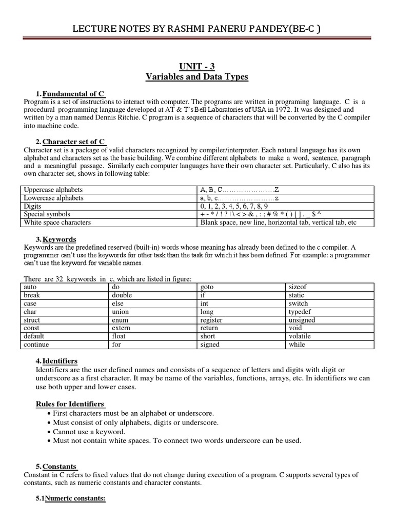 Lecture Notes by Rashmi Paneru Pandey (Be-C) : Unit - 3 Variables and ...