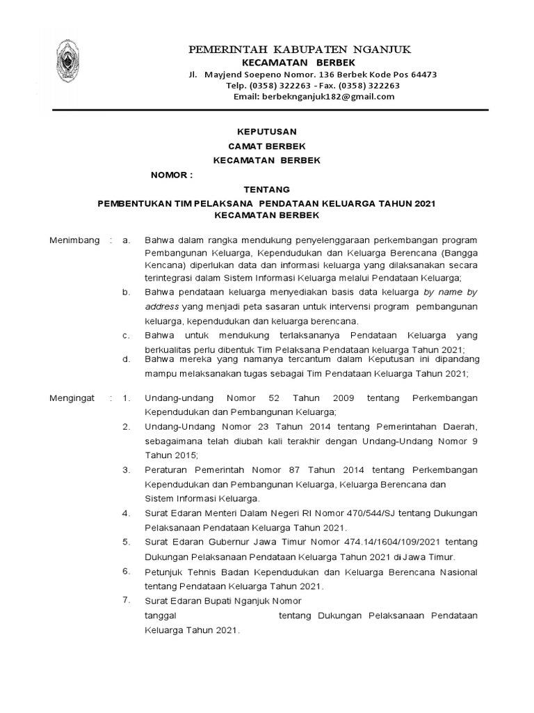 Contoh SK Tim Pelaksana PK'2021 Kec | PDF