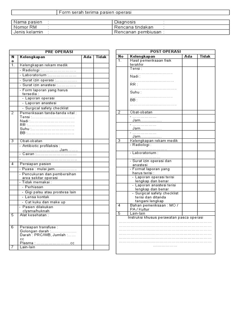 Form Serah Terima Pasien Operasi | PDF