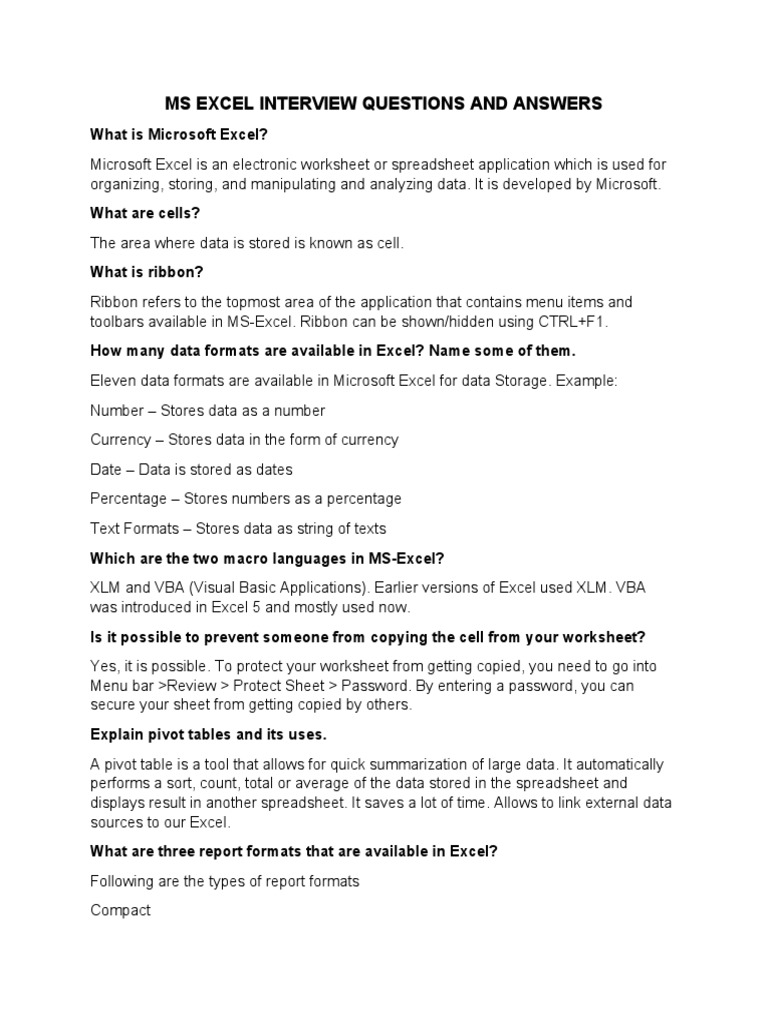 MS Excel Interview Questions and Answers | PDF | Microsoft Excel ...
