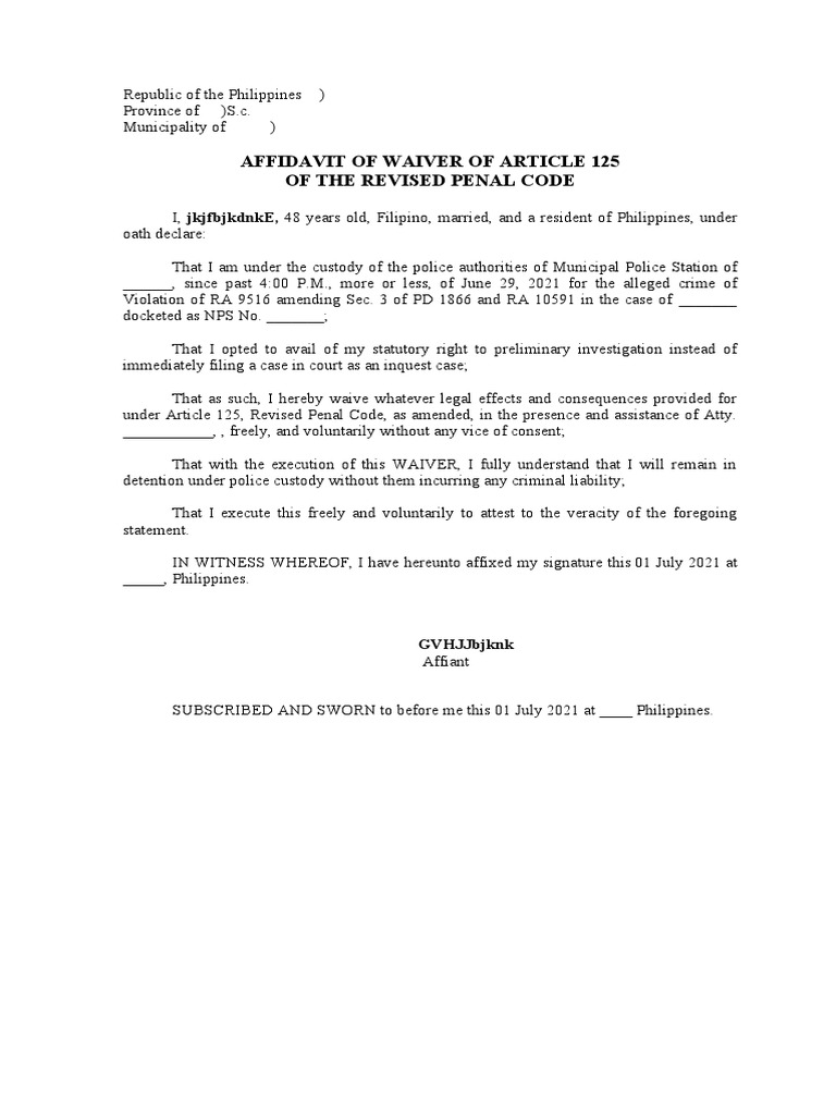 Affidavit of Waiver of Article 125 of The Revised Penal Code | PDF | Law