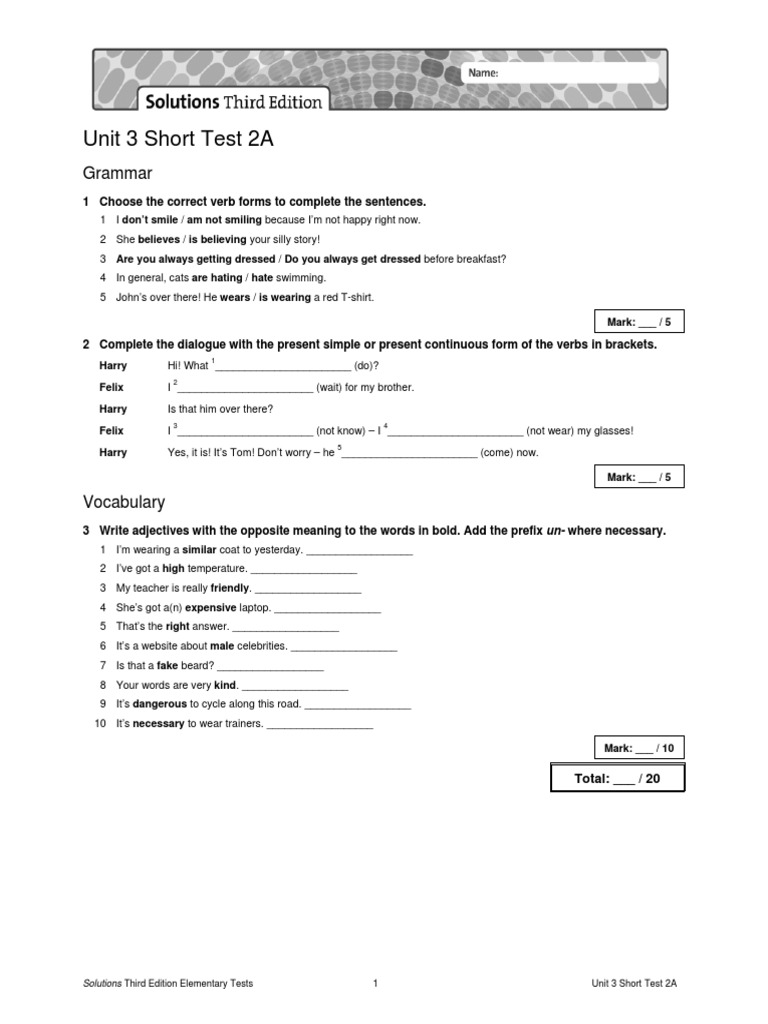 Unit 3 Short Test 2A: Grammar | PDF