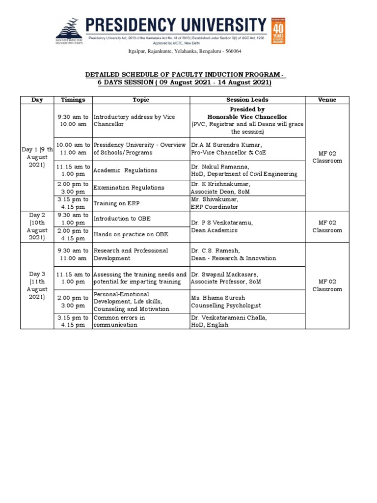 Faculty Induction Schedule 9th August 14th August 2021 Pdf