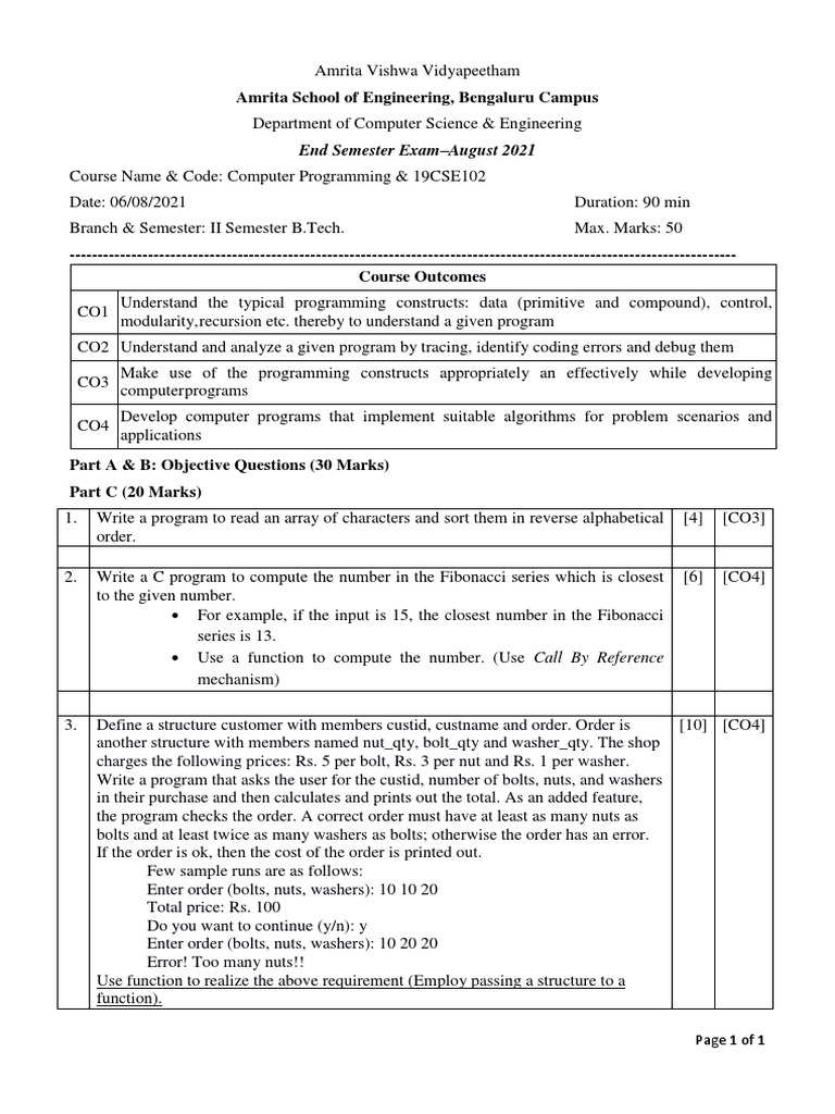 Amrita School of Engineering, Bengaluru Campus: End Semester Exam-August 2021 | PDF | Subroutine ...