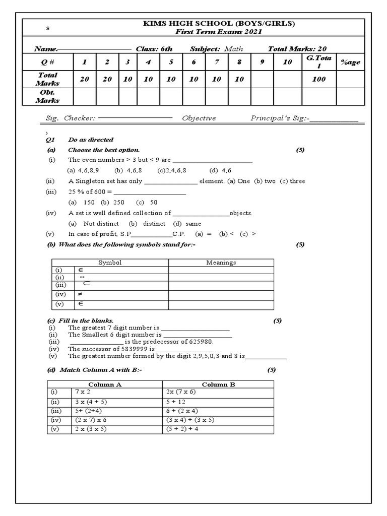 Paper Maths Grade 6th 1st Term | PDF | Logic | Mathematical Logic