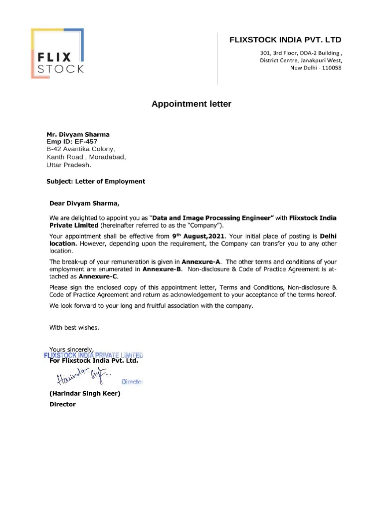 Appointment Letter-Divyam Sharma | PDF