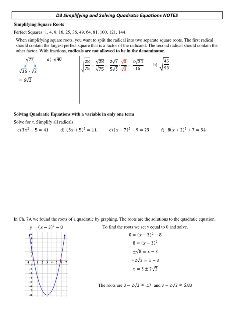 D3 Simplifying and Solving Quadratic Equations Notes (2020) | PDF ...