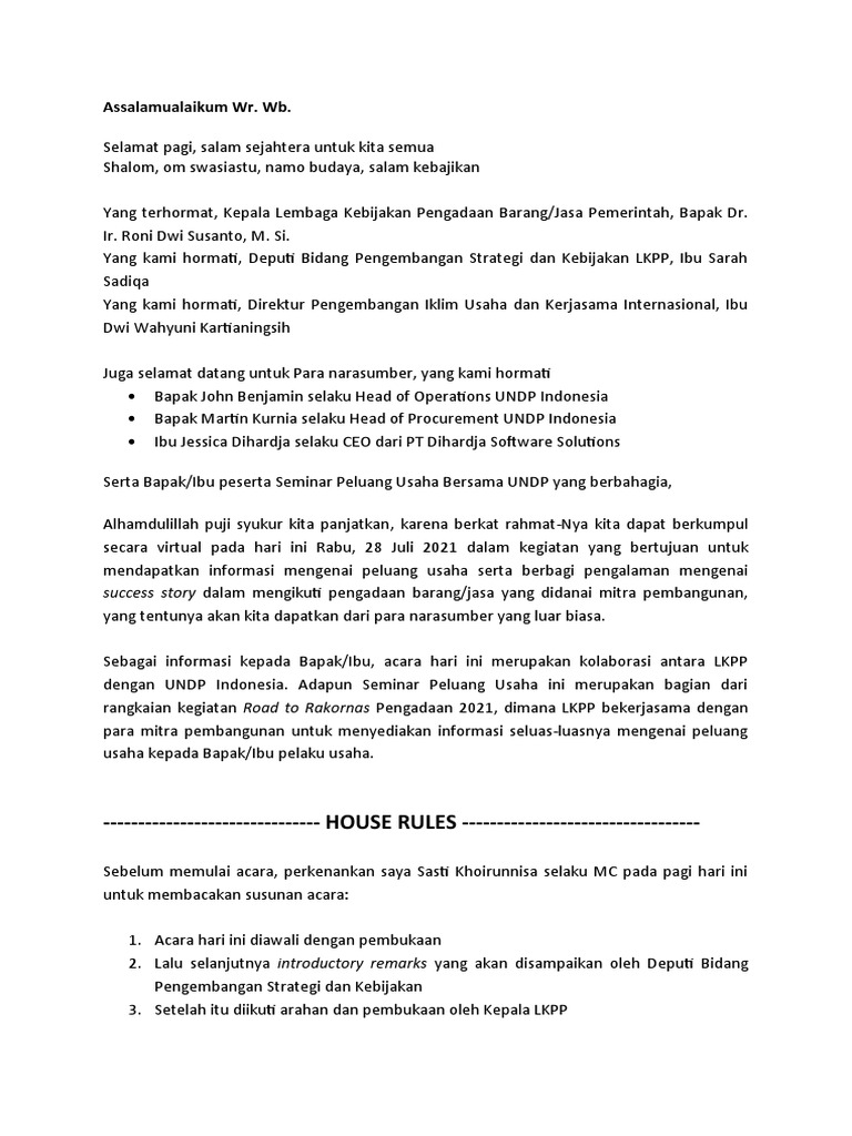 Teks MC Seminar Peluang Usaha UNDP 28 Juli 2021 - r04 | PDF