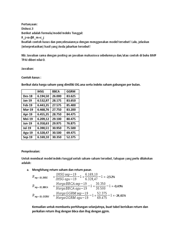 Contoh Model Indeks Tunggal Saham | PDF