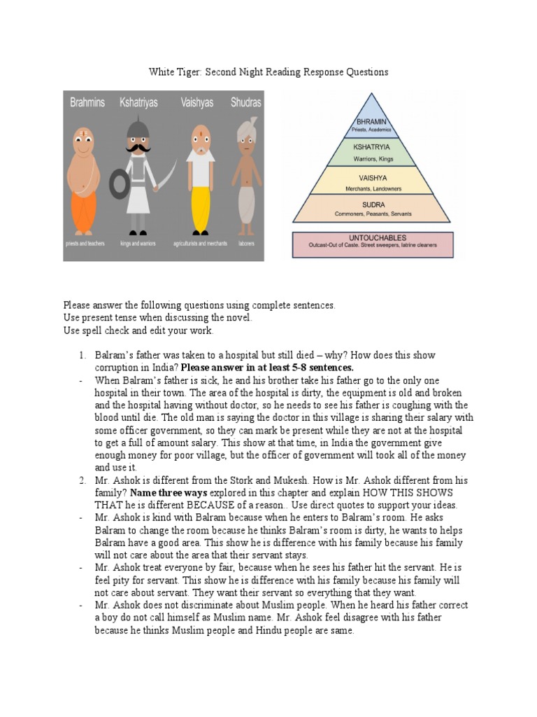 White Tiger Reading Response Questions Second Night | PDF | Narration