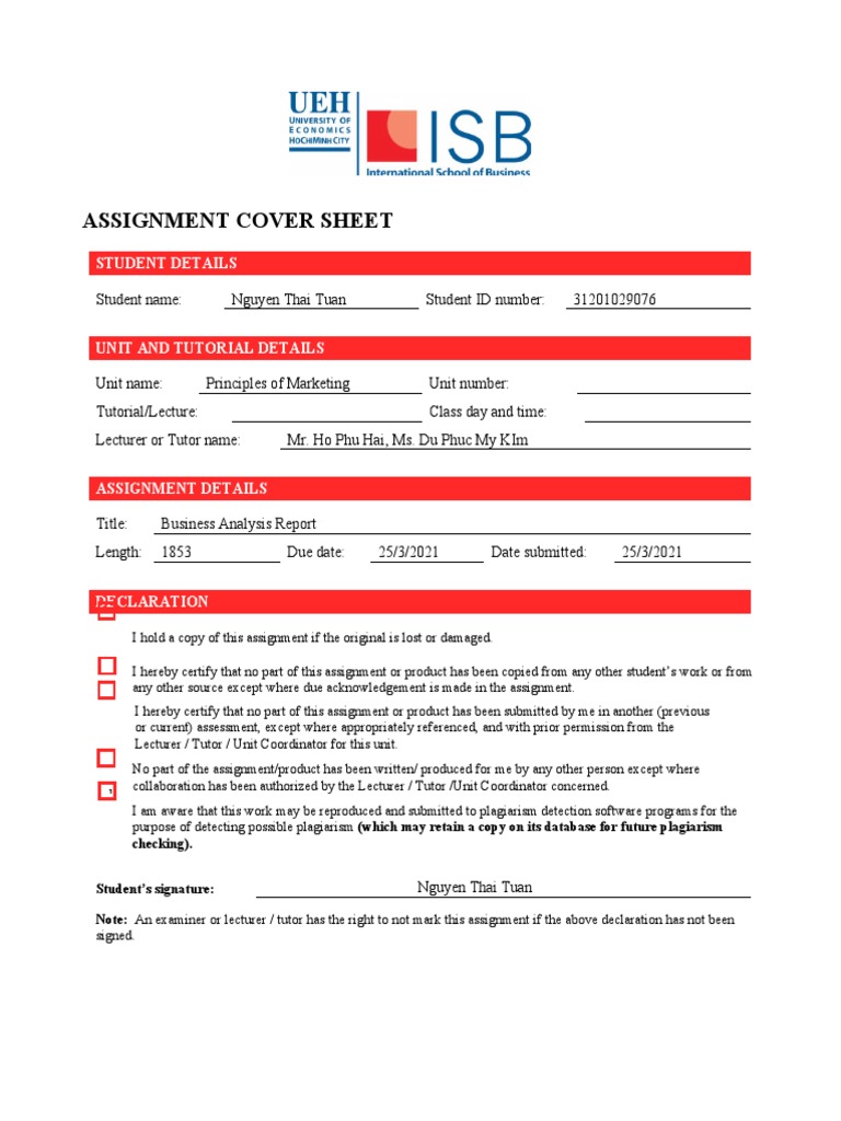 Assignment Cover Sheet: Student Details | PDF | University ...