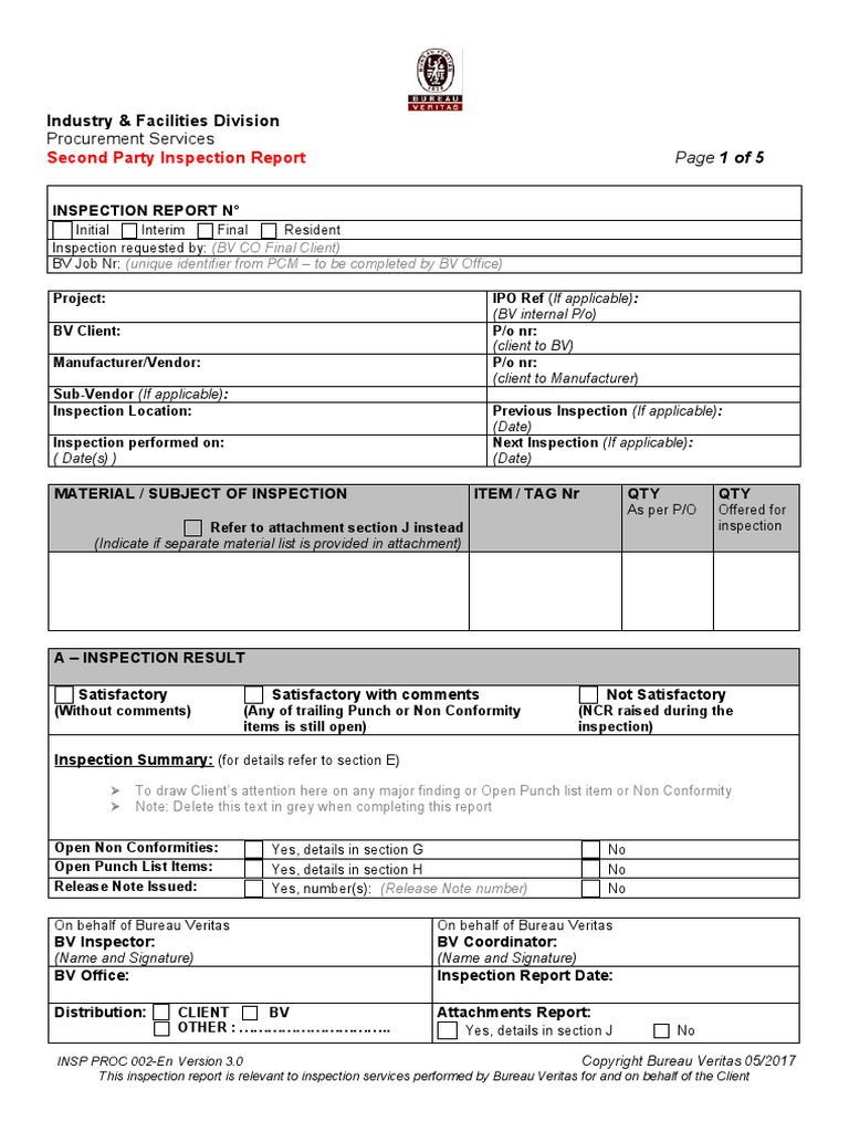 INSP - 002 - Second - Party - Inspection - Report Version 3.0 | PDF