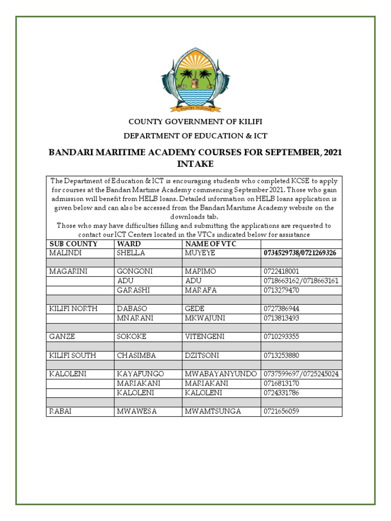 Bandari Maritime Academy Courses For September, 2021 Intake | PDF