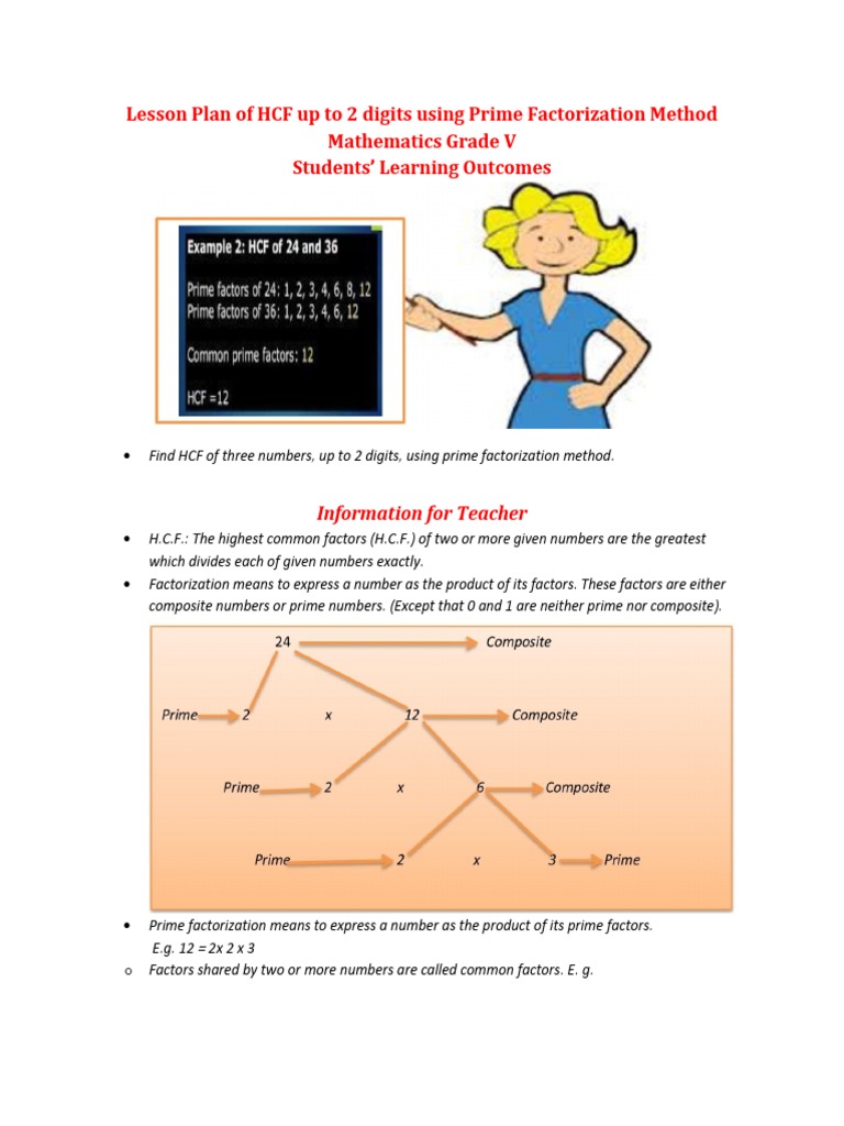 Lesson Plan of HCF Up To 2 Digits Using Prime Factorization Method ...