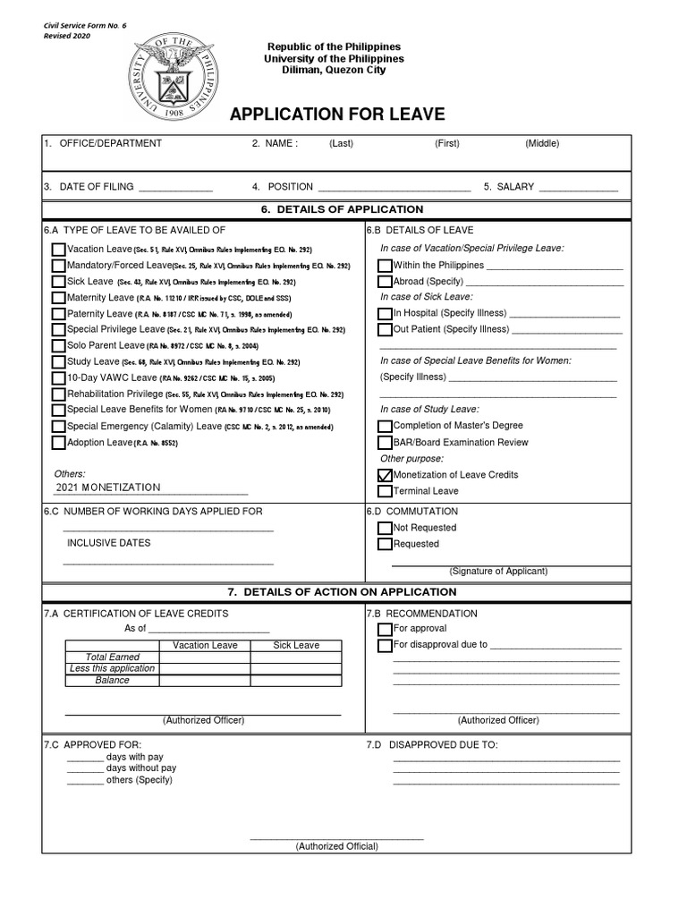 Application For Leave For 2021 Monetization | PDF | Surgery | Sick Leave