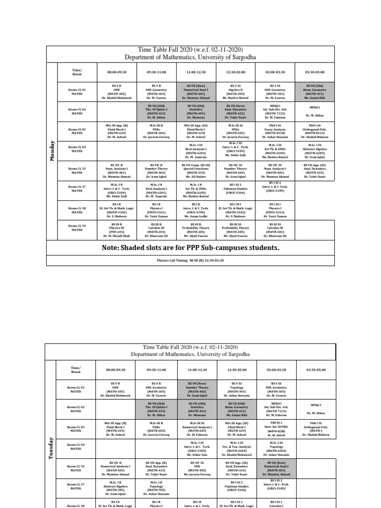 Time Table Fall 2020 W.E.F. 2-11-20 | PDF | Mathematics | Partial ...