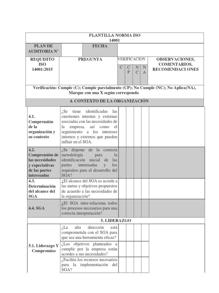 Check List 14001 | Descargar gratis PDF | Auditoría | Planificación