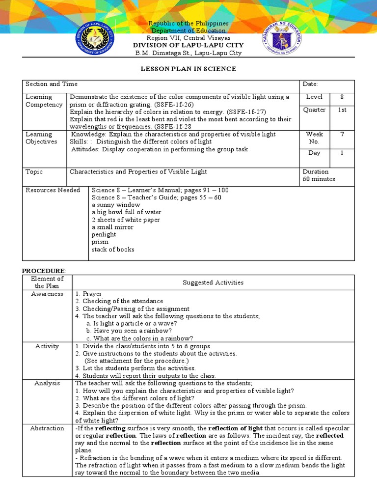 Lesson Plan: Properties of Visible Light | PDF | Reflection (Physics ...