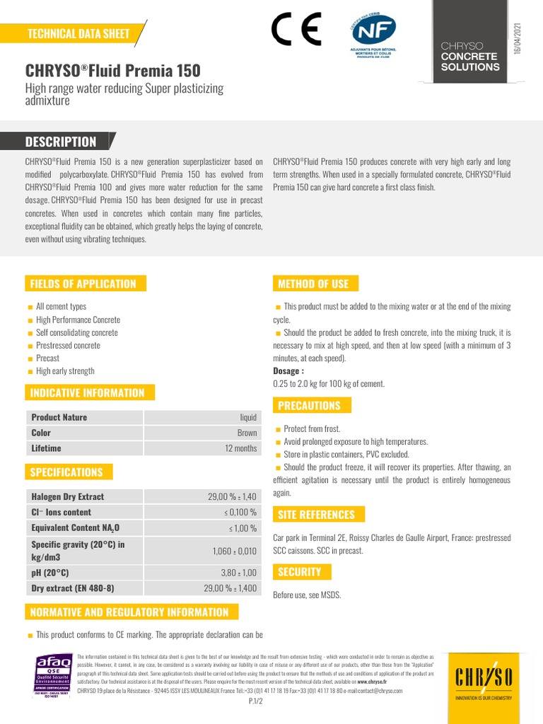 Chryso Fluid Premia 150: High Range Water Reducing Super Plasticizing ...