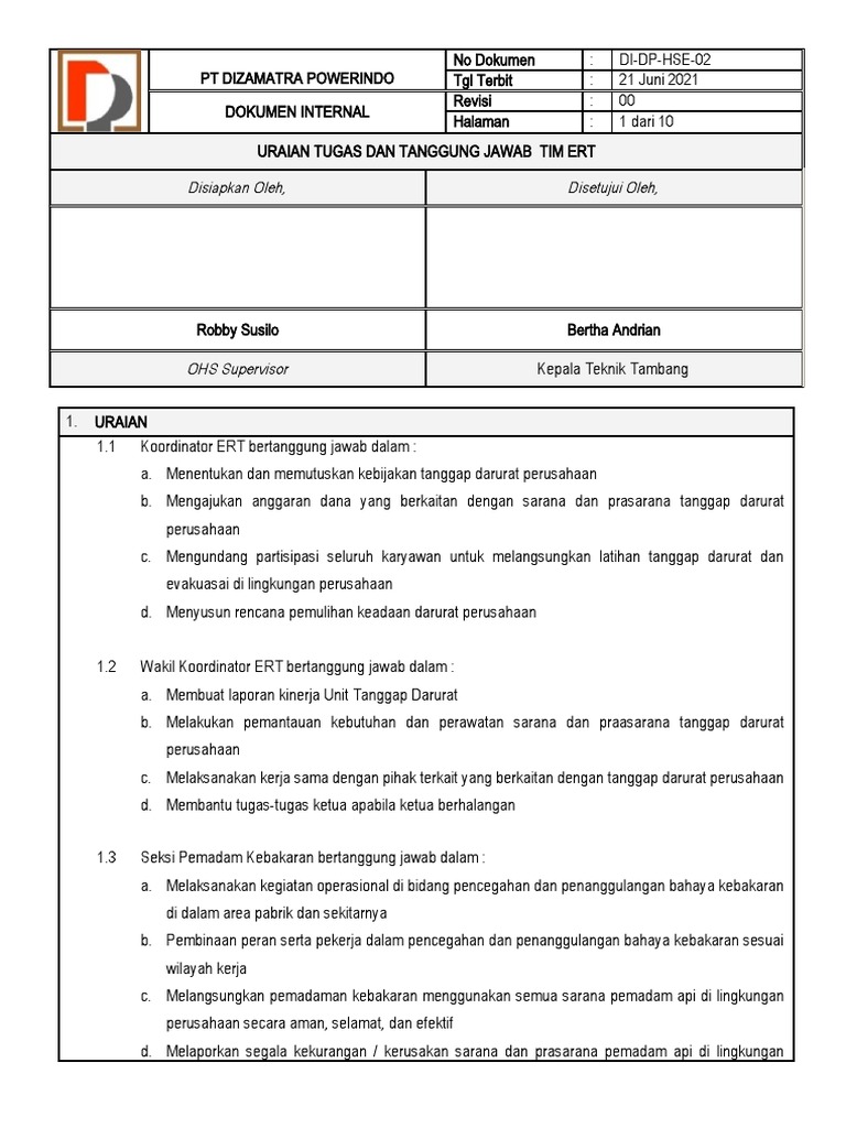 Uraian Tugas Dan Tanggung Jawab Tim ERT | PDF Uraian Tugas Dan Tanggung Jawab Tim ERT | PDF