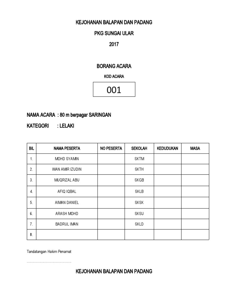 Borang Acara Balapan | PDF