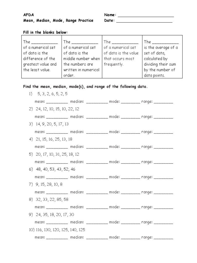 Mean Median Mode Practice WS | PDF | Mode (Statistics) | Mean