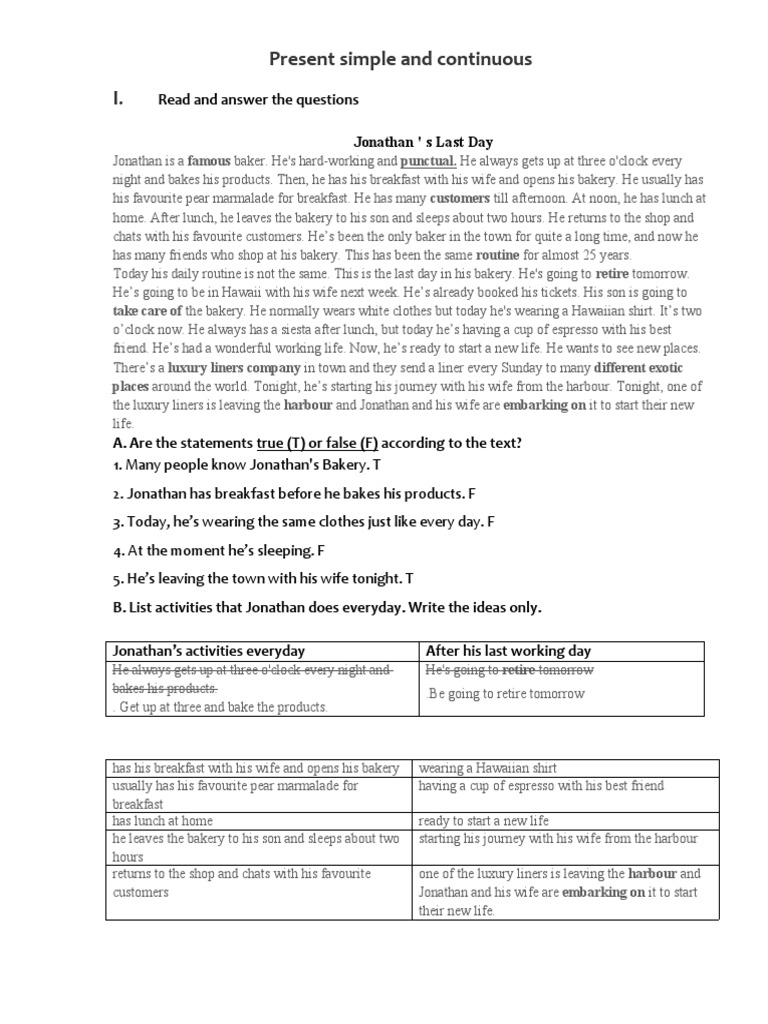 Present Simple and Continuous I.: Read and Answer The Questions ...