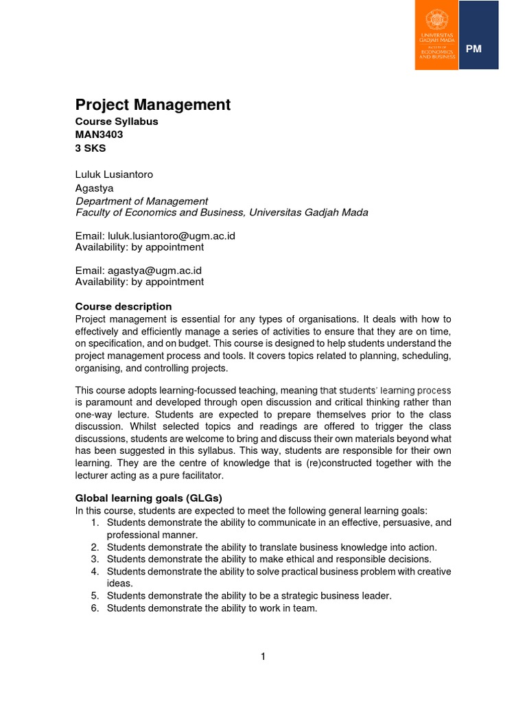 Project Management: Course Syllabus MAN3403 3 Sks | Download Free PDF ...